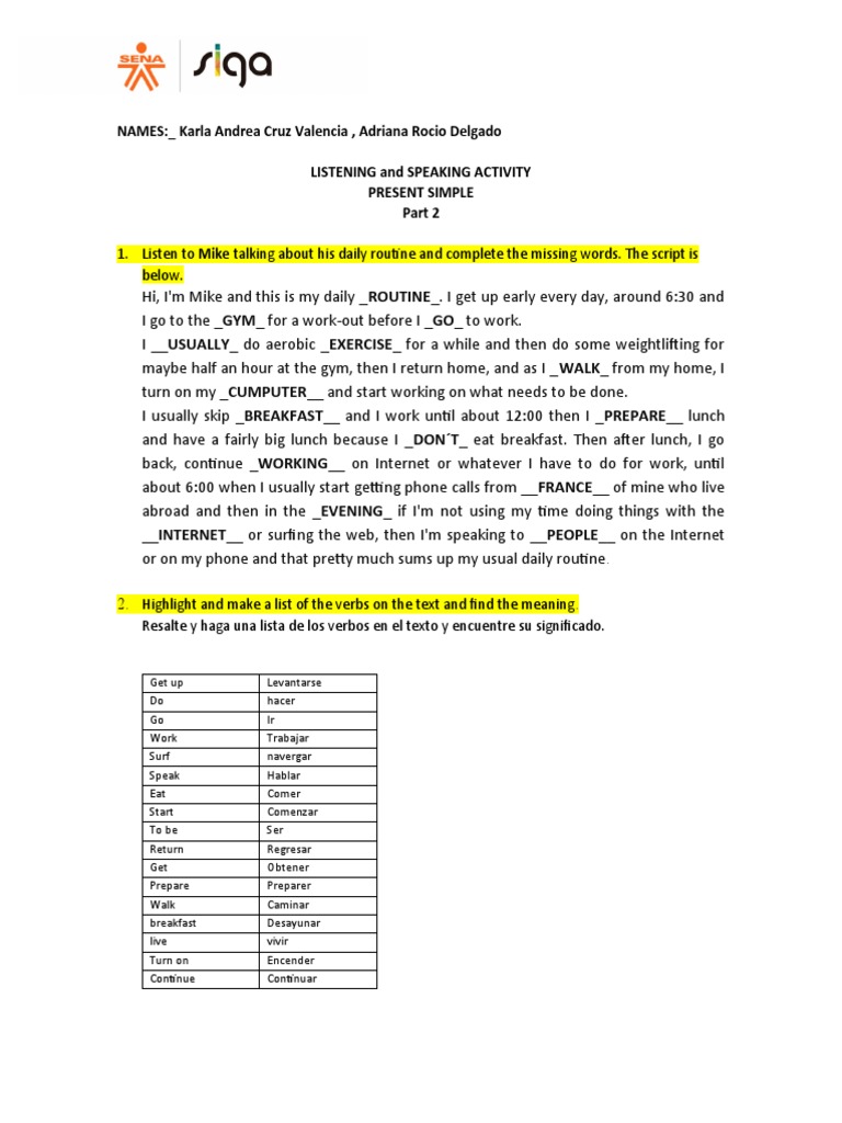Listening and Speaking Activity - Daily Routine - Part 2 | PDF | Self ...