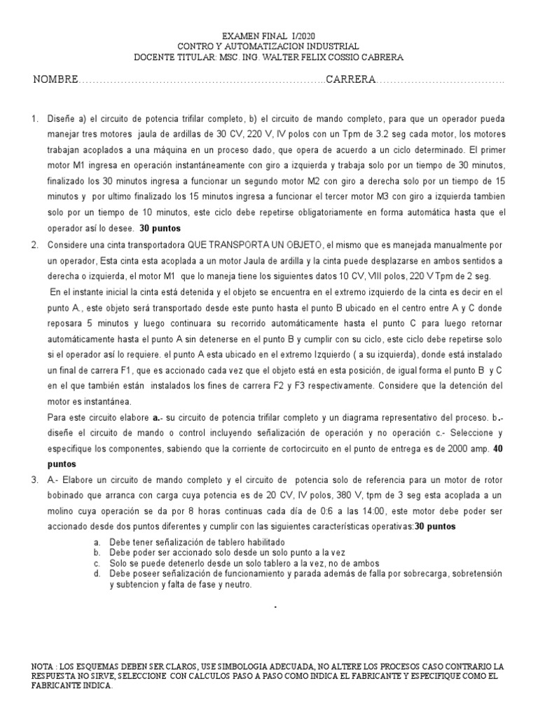 Examen Final 1-2020 Control | PDF | Electricidad | Bienes manufacturados