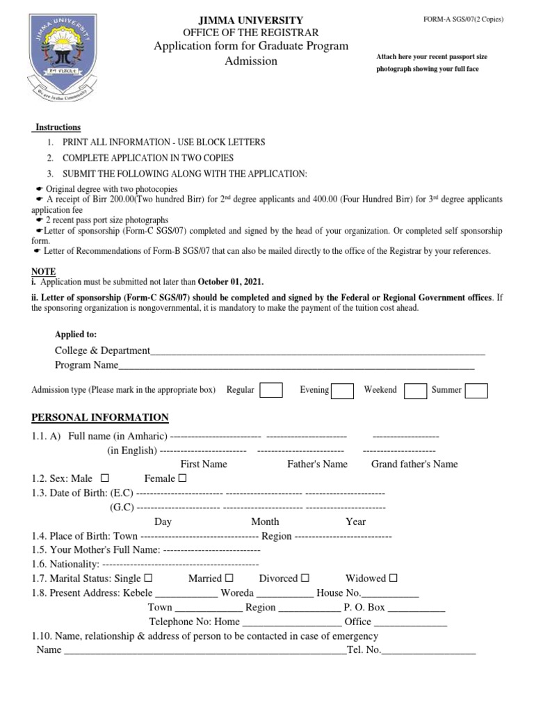 Application Form For Graduate Program Admission: Jimma University | PDF ...