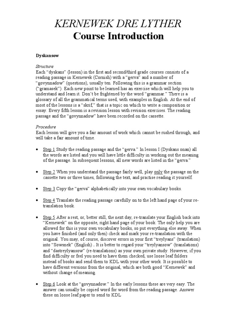 Kernewek Dre Lyther: Course Introduction | PDF | Grammatical Number | Verb