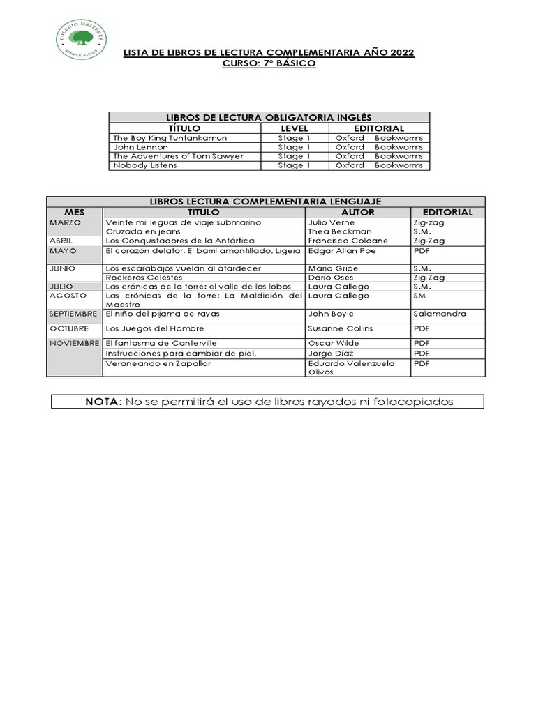 Lista de Libros Lectura Complementaria 7° Basico | PDF | Novelistas | Escritores