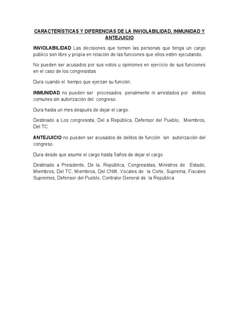 Características y Diferencias de La Inviolabilidad | PDF