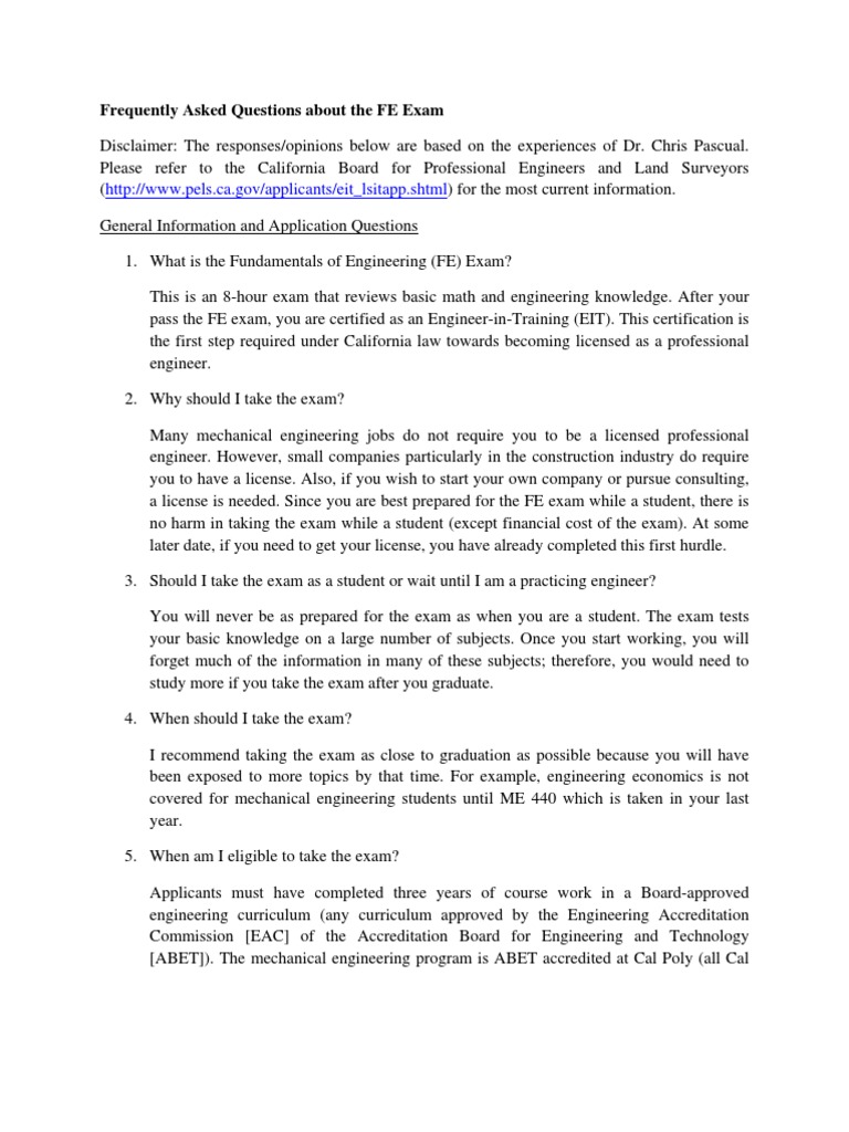 Frequently Asked Questions About The FE Exam | PDF | Test (Assessment ...