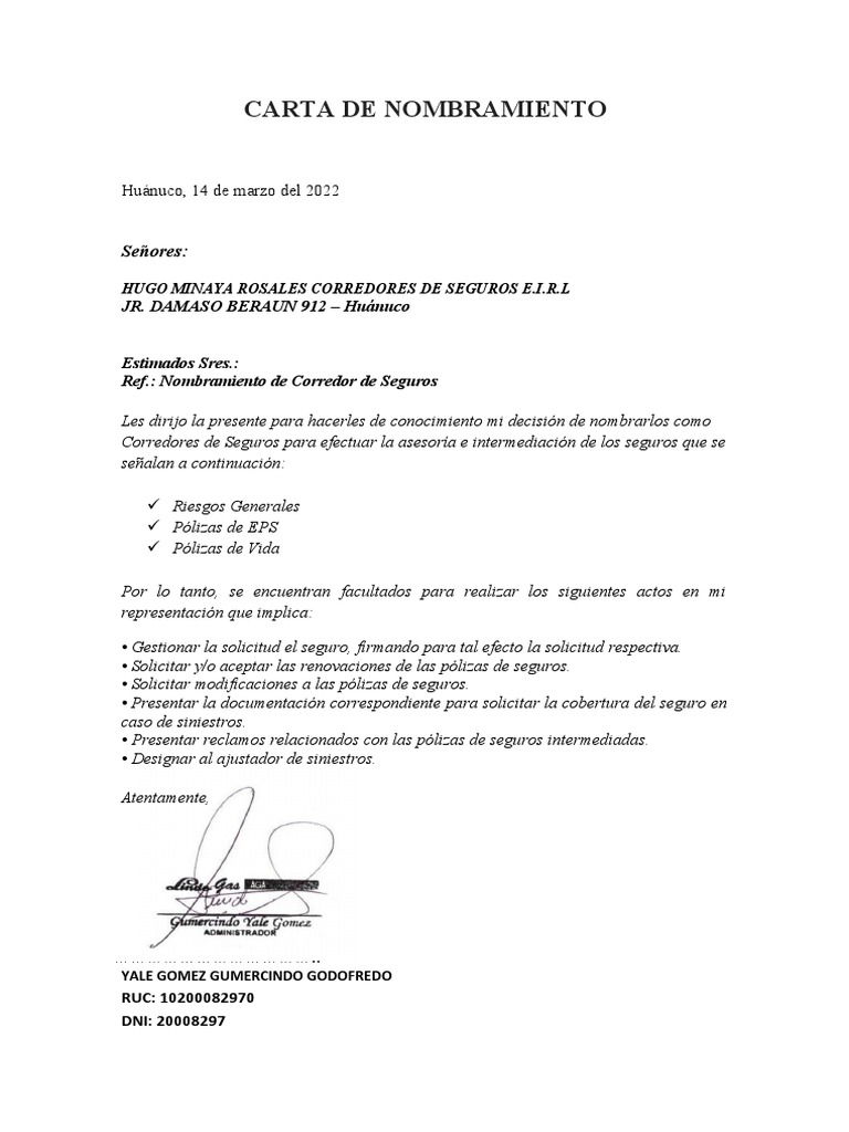 Carta de Nombramiento 2 | PDF | Póliza de seguros | Seguro