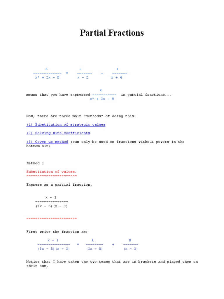 Partial Fractions: 6 1 1 - X + 2x - 8 X - 2 X + 4 | PDF | Quadratic ...