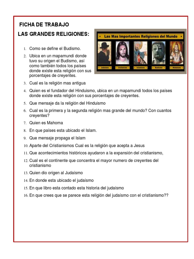 Ficha de Trabajo - Las Grandes Religiones en El Mundo | PDF