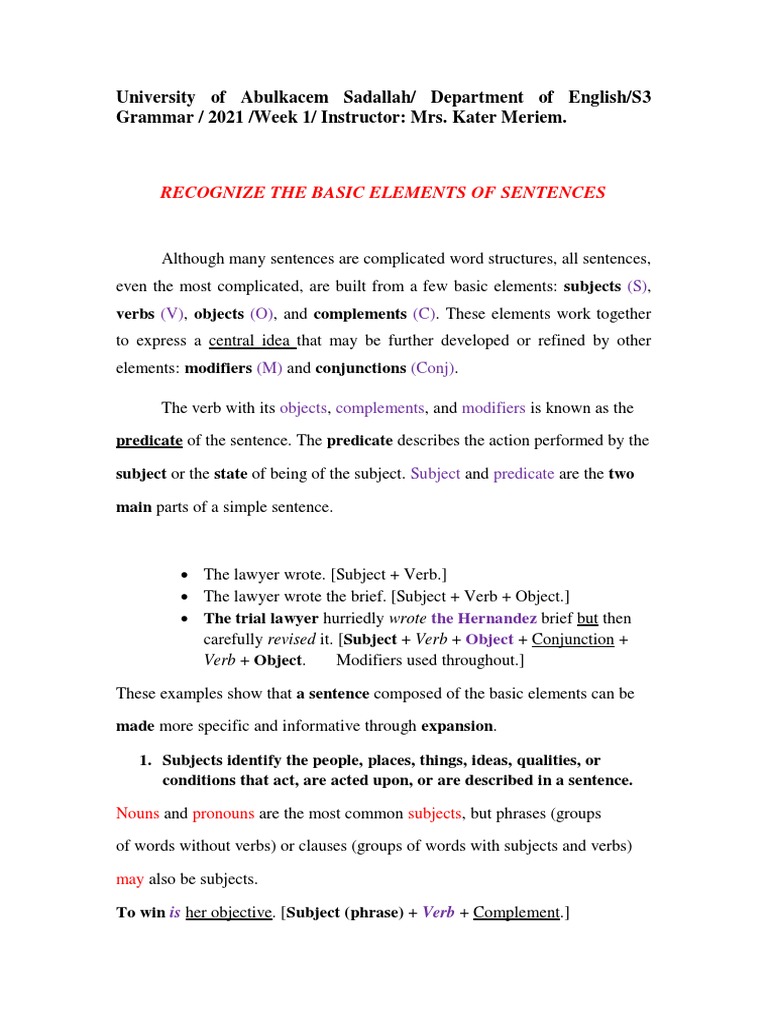 Understanding Sentence Elements | PDF | Verb | Subject (Grammar)