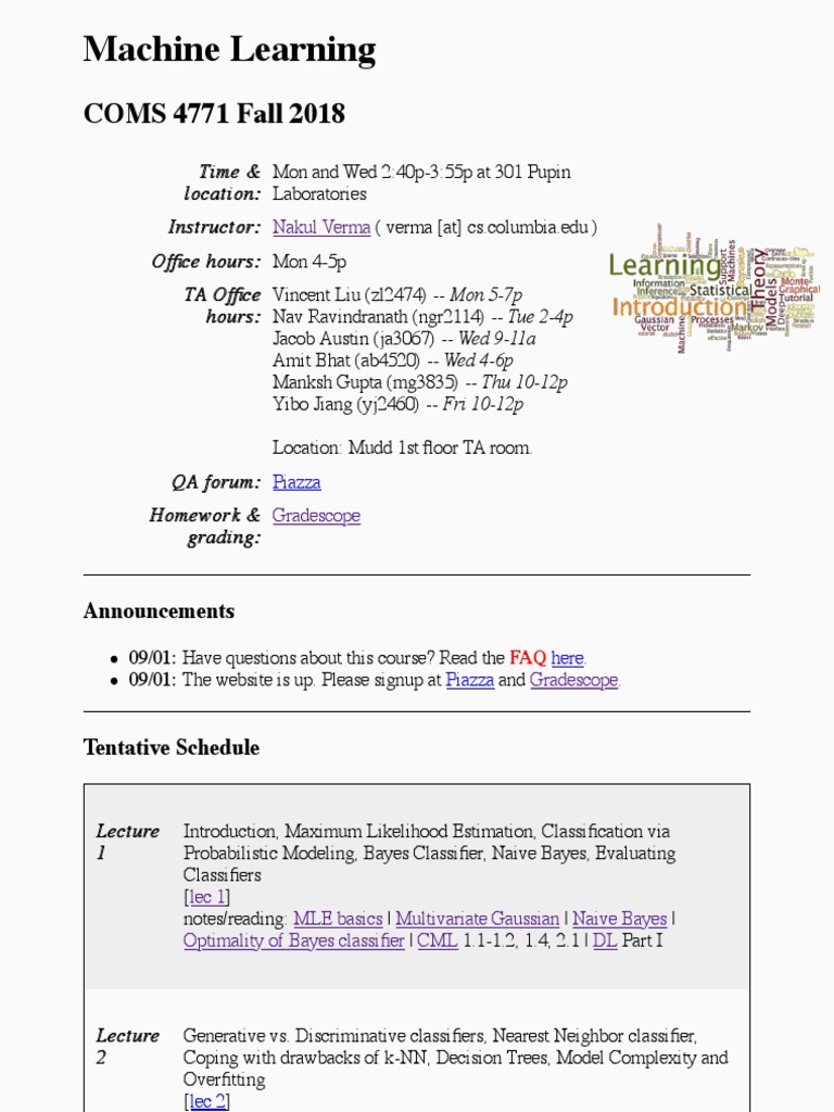 Machine Learning: COMS 4771 Fall 2018 | PDF | Computer Programming | Regression Analysis