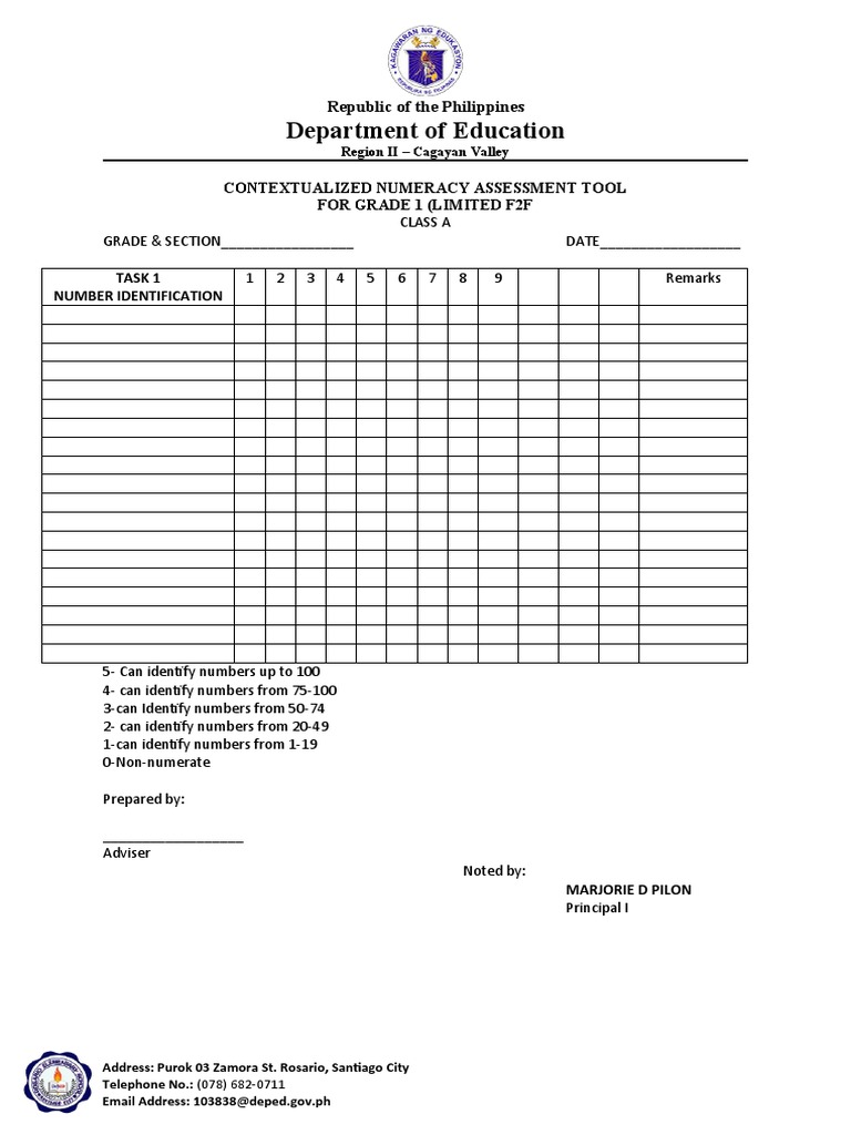 NUmeracy Assessment Tool For Grade 1 | PDF