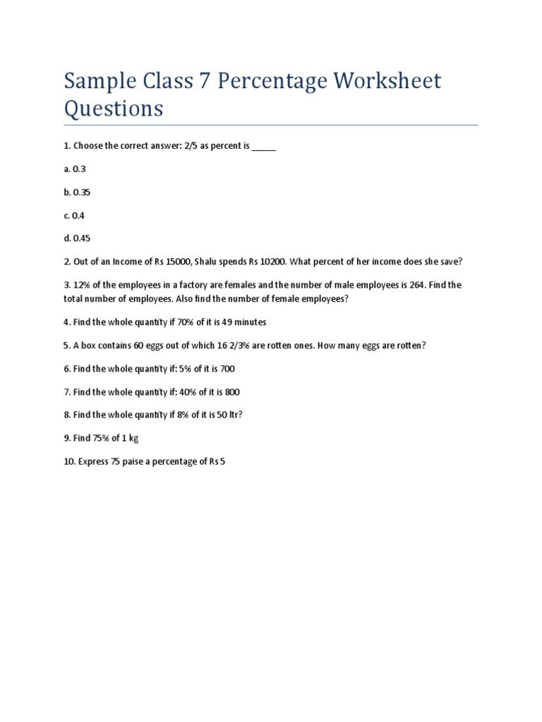 Sample Class 7 Percentage Worksheet Questions | PDF