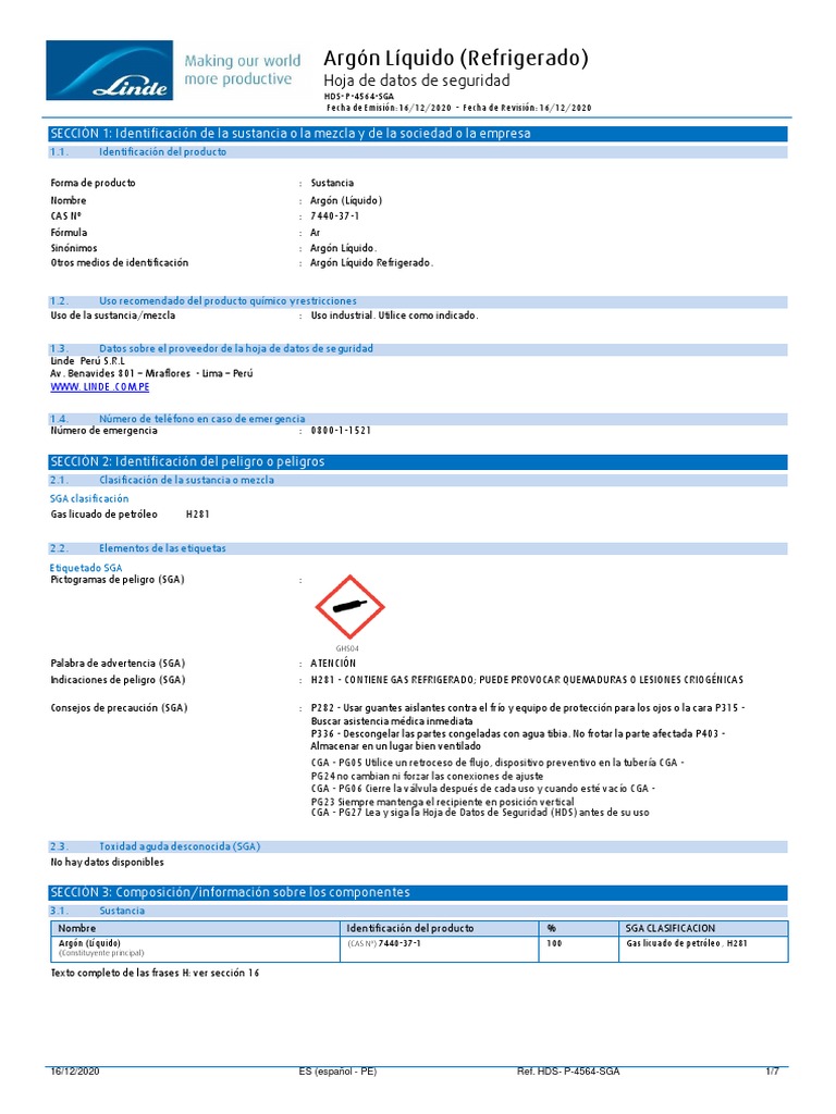 SDS Argon Liquido - Linde | PDF | Oxígeno | Agua