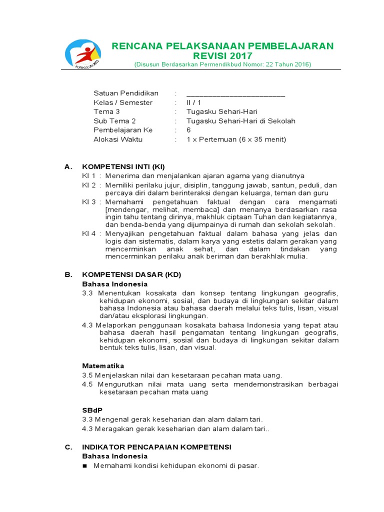 (Contoh) RPP Kelas 2 Tema 3 Sub Tema 2 Pembelajaran 6 | PDF