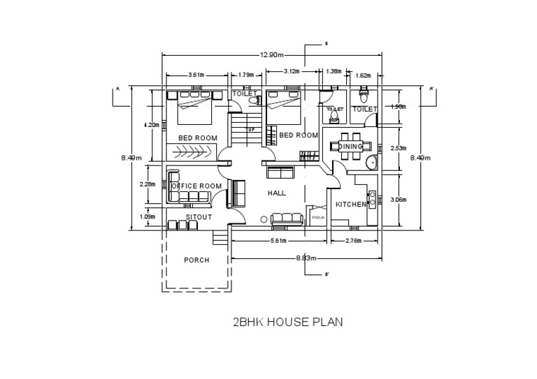 2BHK House Plan with Dimensions | PDF