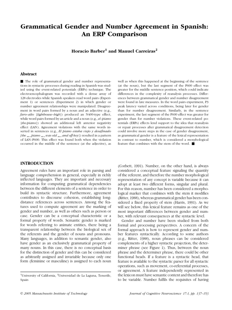Grammatical Gender and Number Agreement in Spanish: An ERP Comparison ...