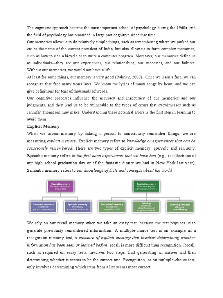 Explicit & Implicit Memory - PSYCHOLOGY | Download Free PDF | Memory | Recall (Memory)