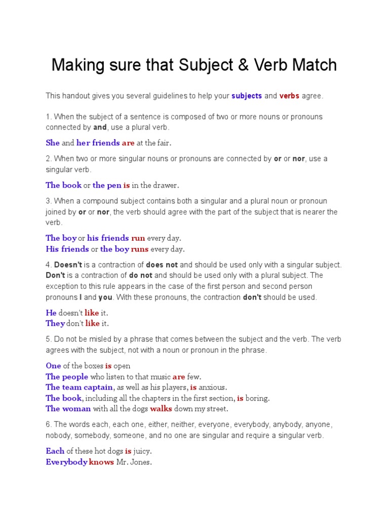 Making Sure That Subject & Verb Match: Verbs | PDF | Grammatical Number ...