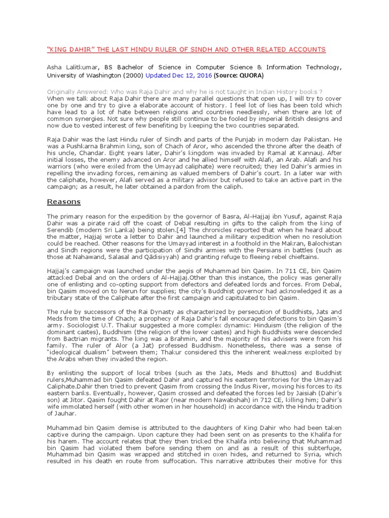 Raja Dahir Sen of Sindh, A Forgotten Chapter From Indian History | PDF ...