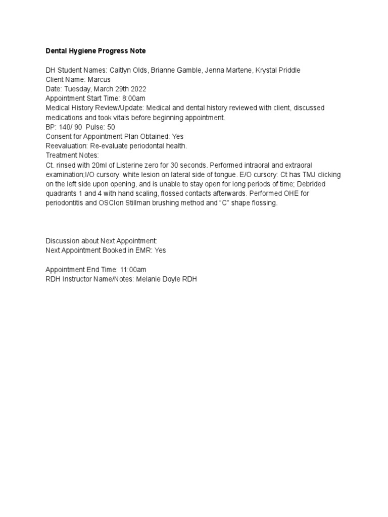 Dental Hygiene Progress Note Template | PDF