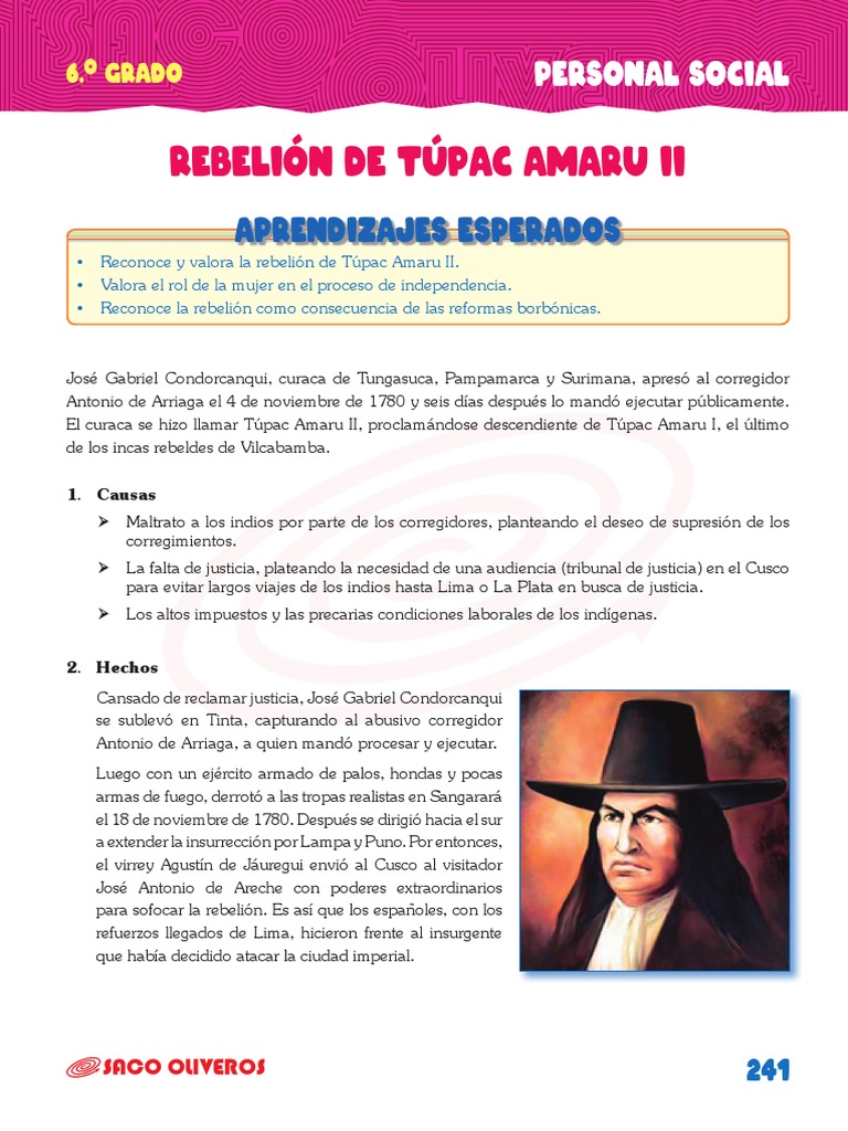 Libro LETRAS 6to Grado de Primaria Unidad 1 Tema 2 REBELIÓN DE TÚPAC AMARU II | PDF ...