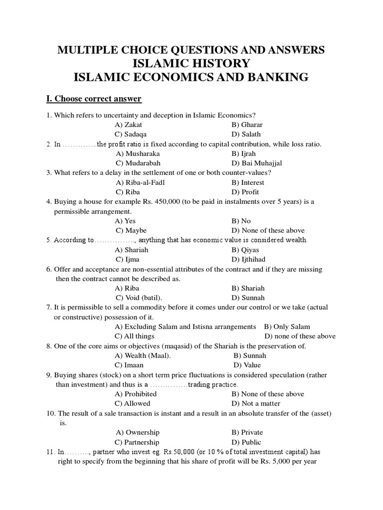 Islamic History Islamic Economics and Banking: Multiple Choice ...