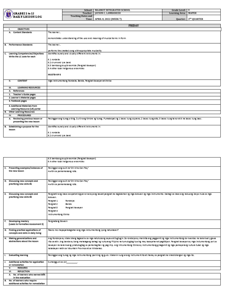 DLL - Mapeh 5 - Q3 - W6 | PDF | Learning | Education Theory