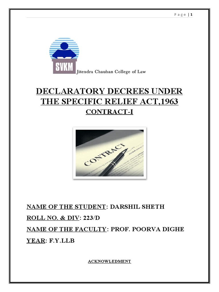 Declaratory Decrees Under The Specific Relief Act, 1963: Contract-I ...