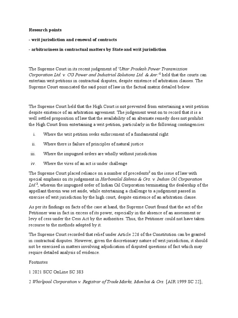 Writ Jurisdiction and Renewal of Contracts | PDF | Jurisdiction ...