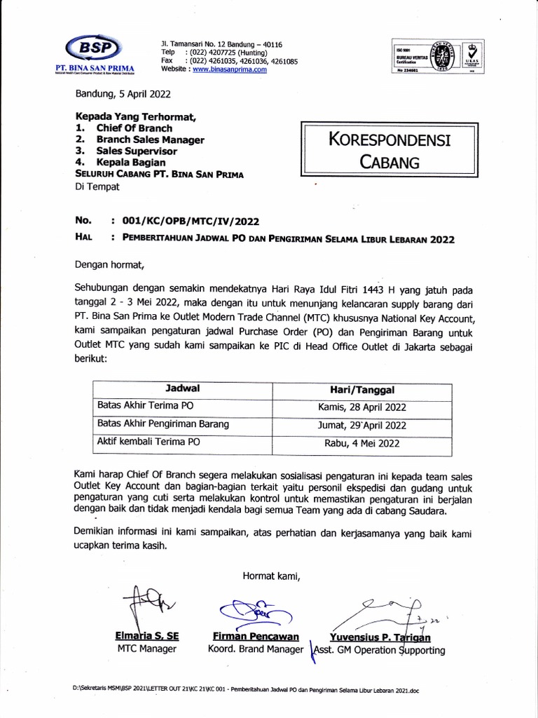 Emberitahuan Jadwal PO Dan Pengiriman Selama Libur Lebaran 2022 | PDF