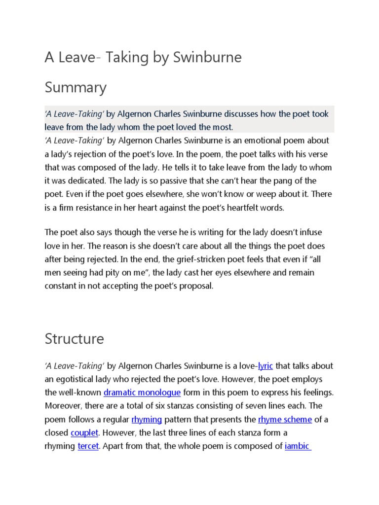 Analysis of Swinburne's "A Leave-Taking" | PDF