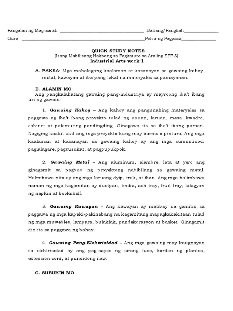 EPP 5 WEEK 1 Quick Study Notes | PDF