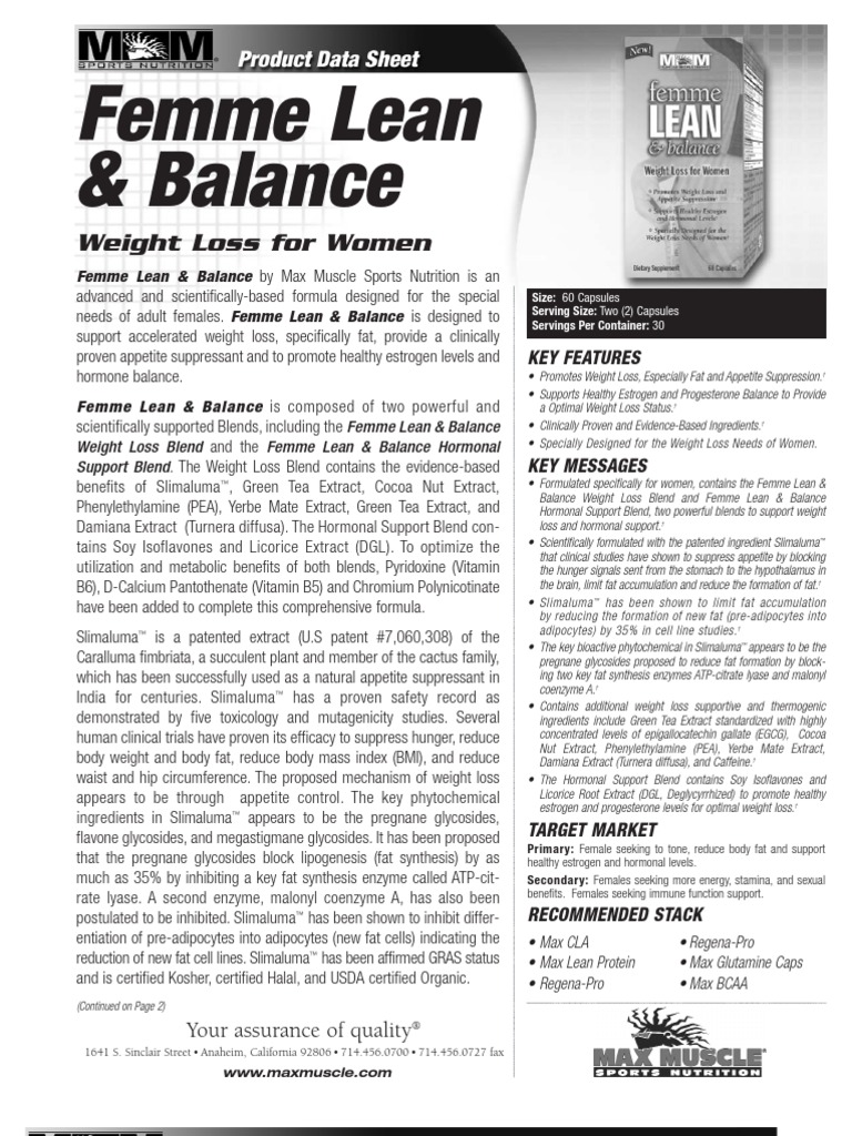 FEMME LEAN & BALANCE Product Data Sheet | PDF | Weight Loss | Caffeine