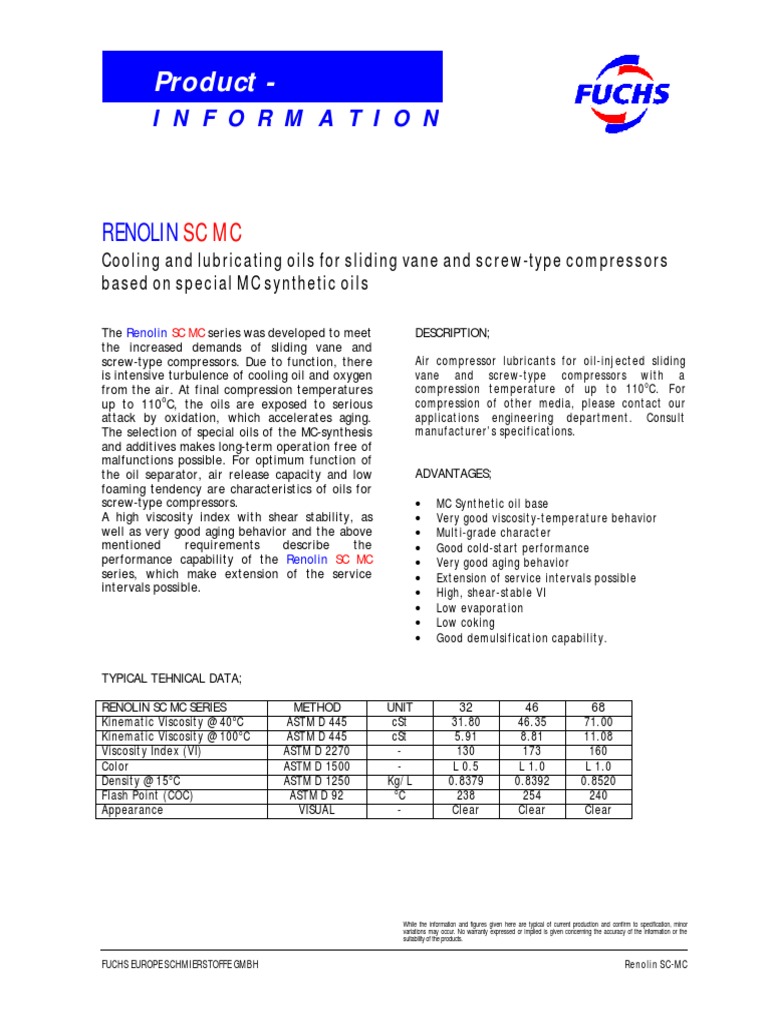 Product Information Fuchs Renolin SC MC Series | PDF | Viscosity ...