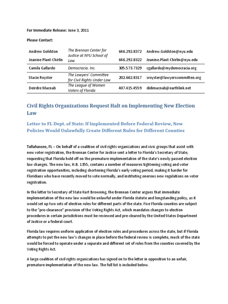 Release Re Letter To FL Secretary of State | PDF | Voter Registration ...