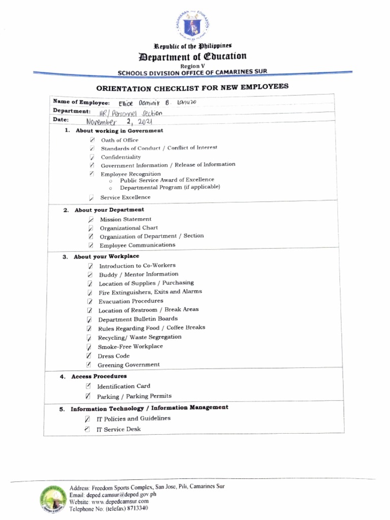 Sample Accomplished of Orientation Checklist and Onboarding Program For ...