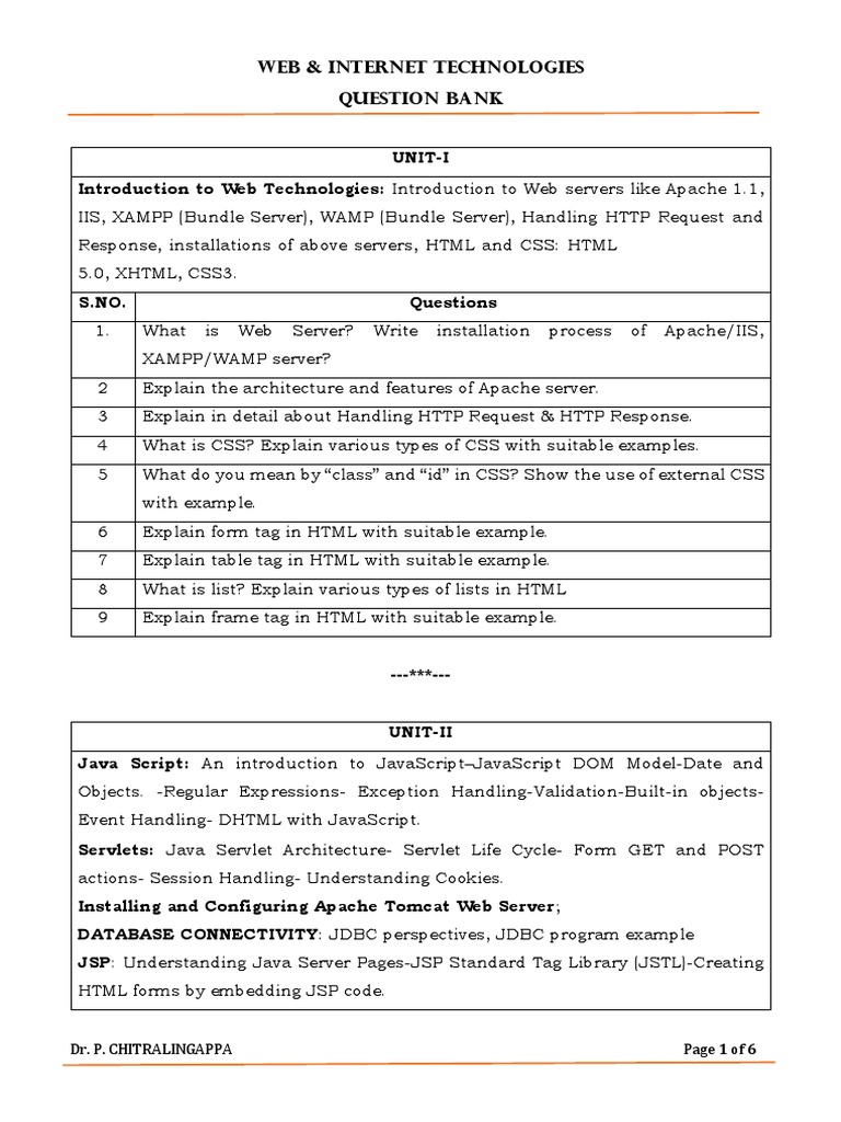 Web & Internet Technologies Question Bank: Dr. P. Chitralingappa Page 1 ...