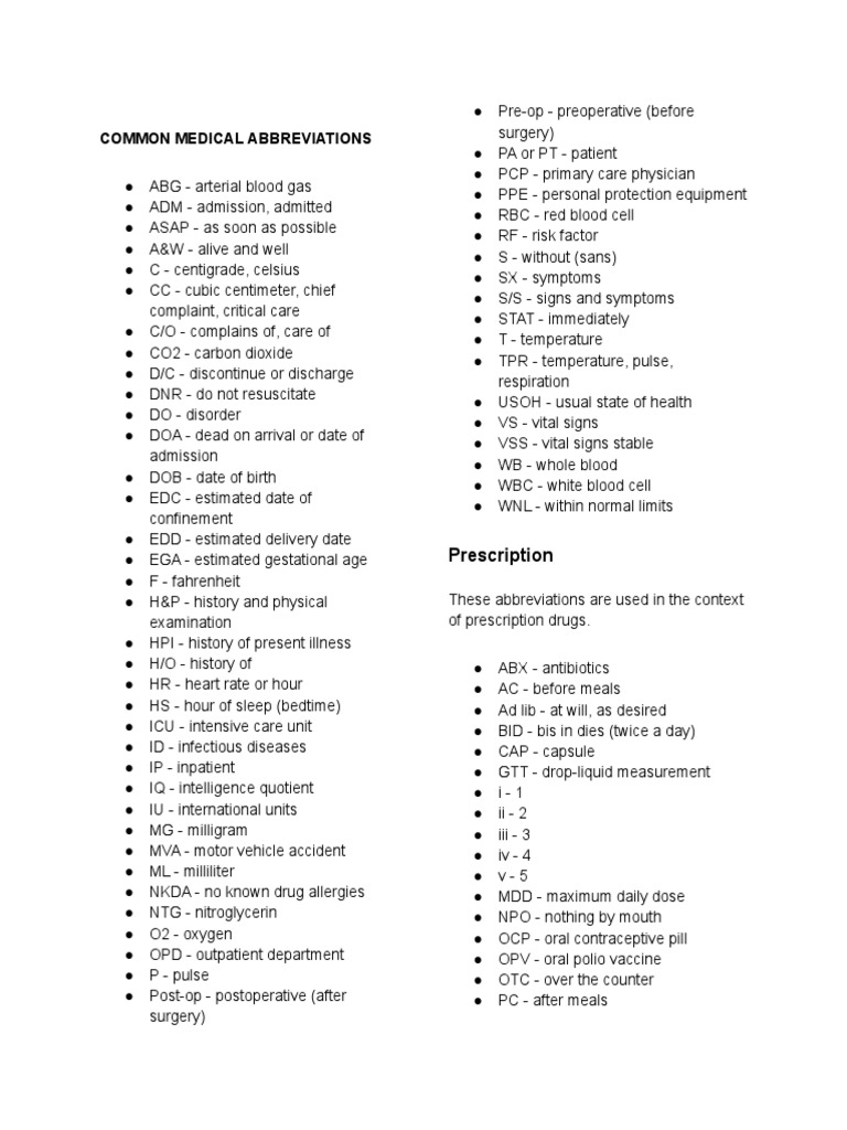 Common Medical Abbreviations Formula | PDF | Medical Specialties | Medicine
