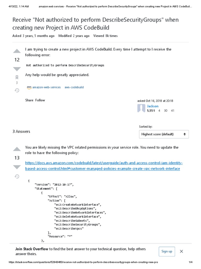 Amazon Web Services Receive Not Authorized To Perform Describesecuritygroups When Creating 5282