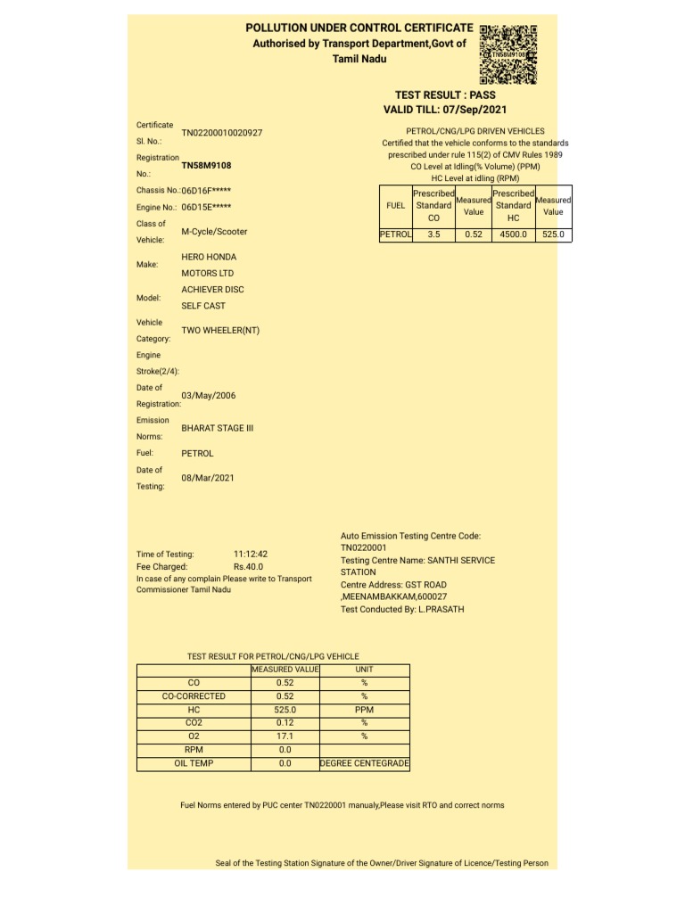 Pollution Under Control Certificate: Authorised by Transport Department ...