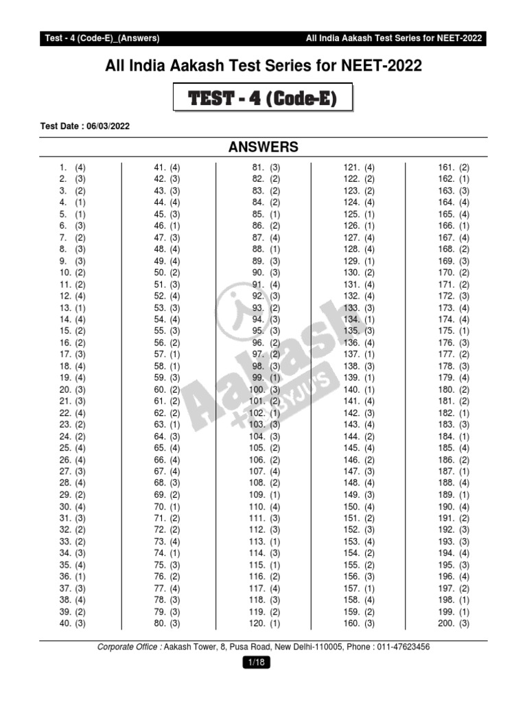 All India Aakash Test Series For NEET-2022: Answers | PDF | Alkene ...