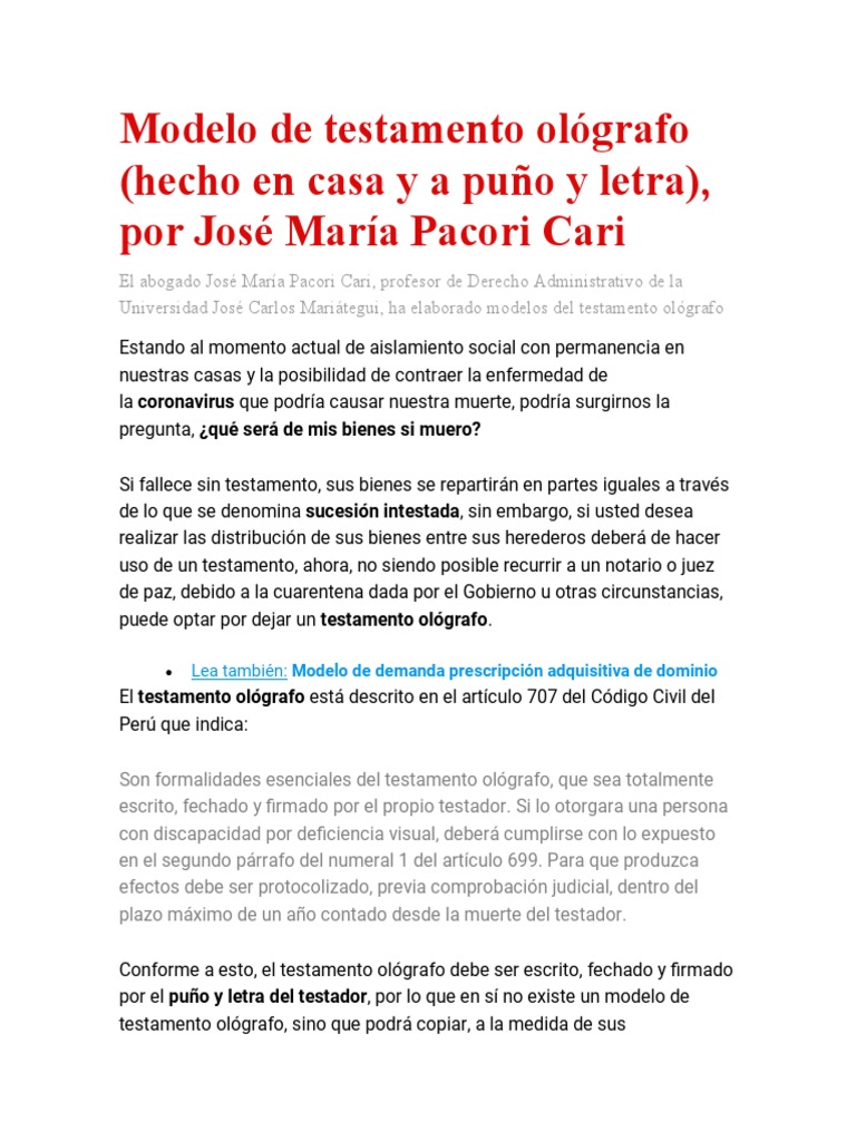 Modelo de Testamento Ológrafo | PDF | Voluntad y testamento | Herencia