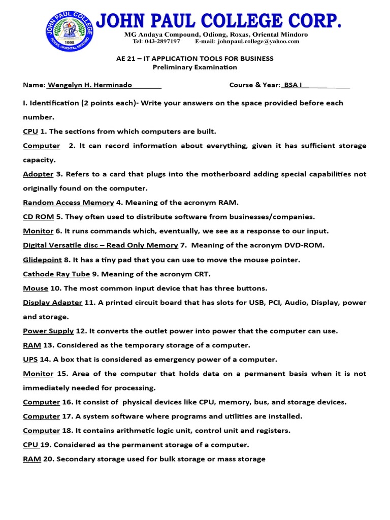 AE21 Prelim Exam | PDF | Business | Computers