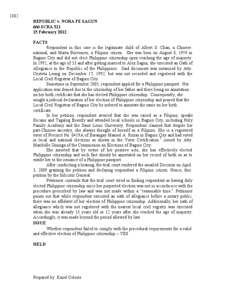 Republic V. Nora Fe Sagun 666 SCRA 321 15 February 2012 Facts | PDF ...