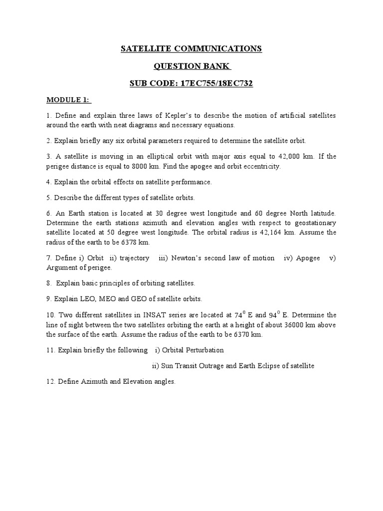 Satellite Communications Question Bank SUB CODE: 17EC755/18EC732 | PDF ...