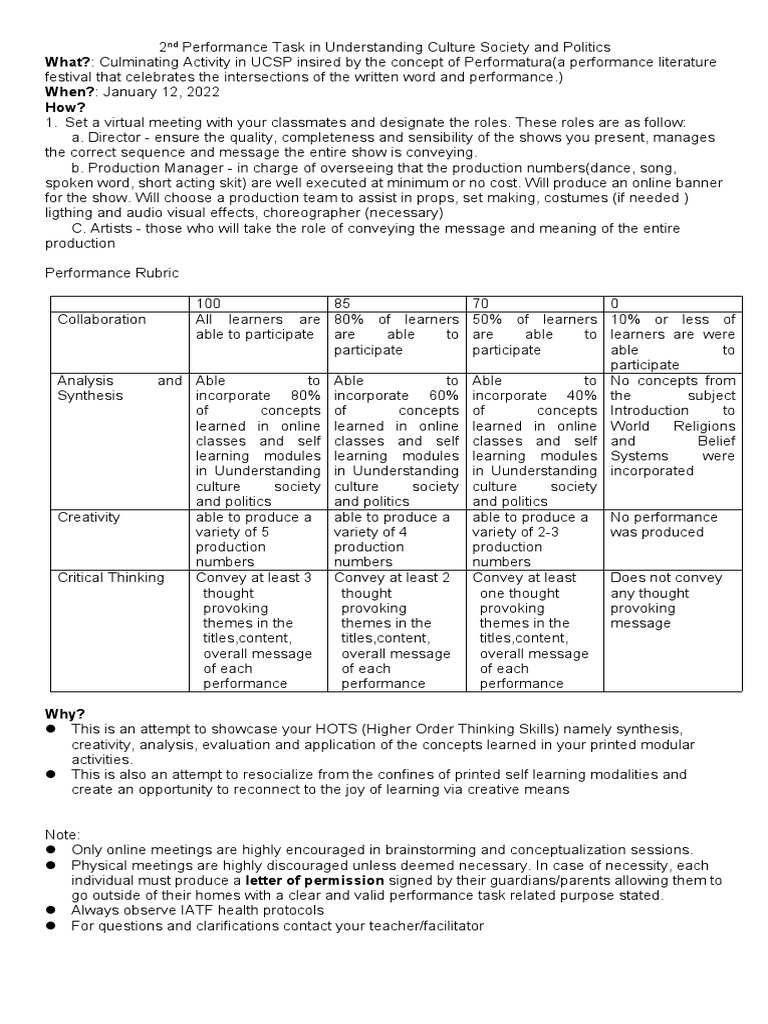 Second Performance Task in UCSP | PDF | Learning | Creativity
