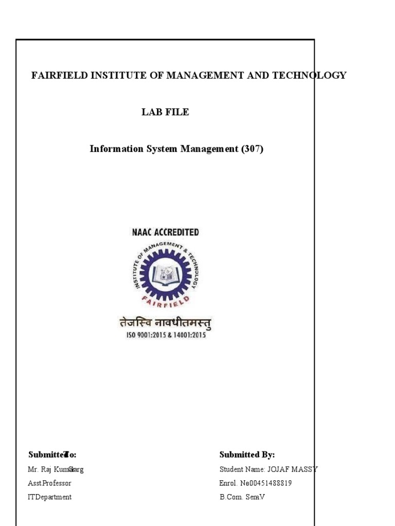 Fairfield Institute of Management and Technology Lab File Information System Management ...