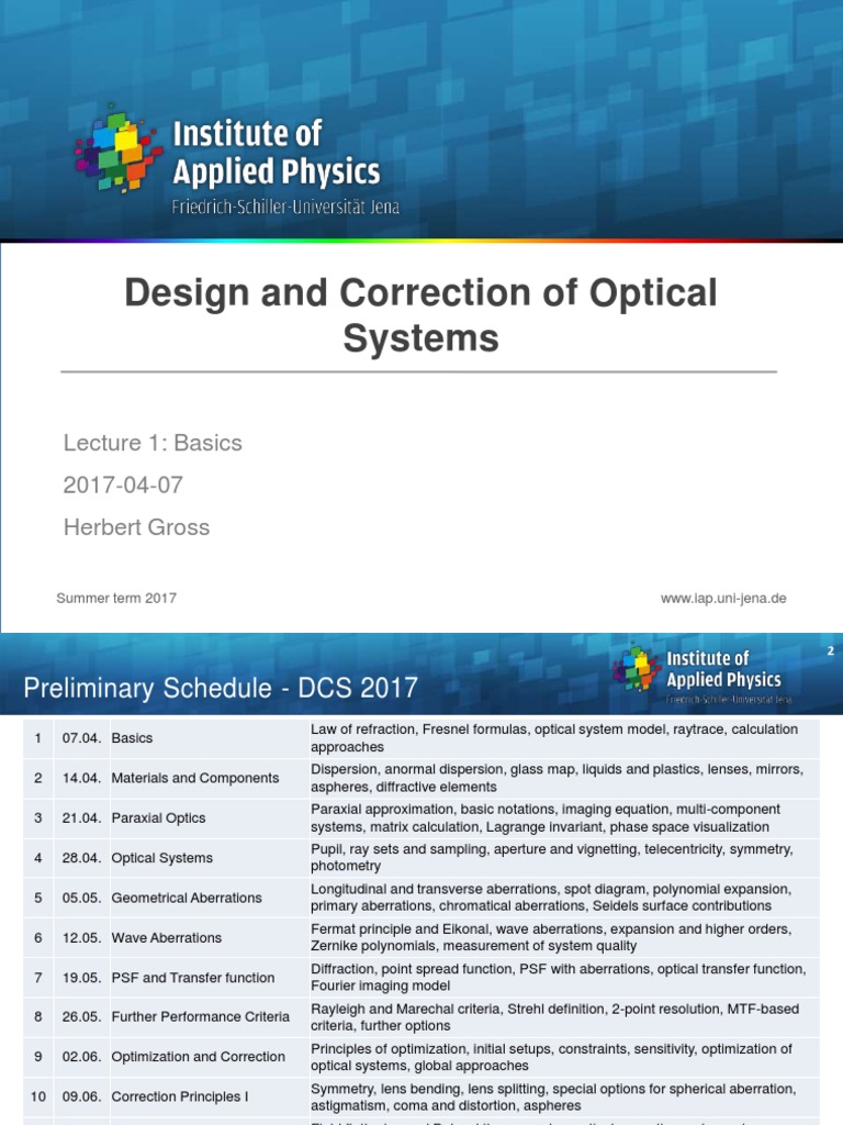 Design and Correction of Optical Systems: Lecture 1: Basics 2017-04-07 ...
