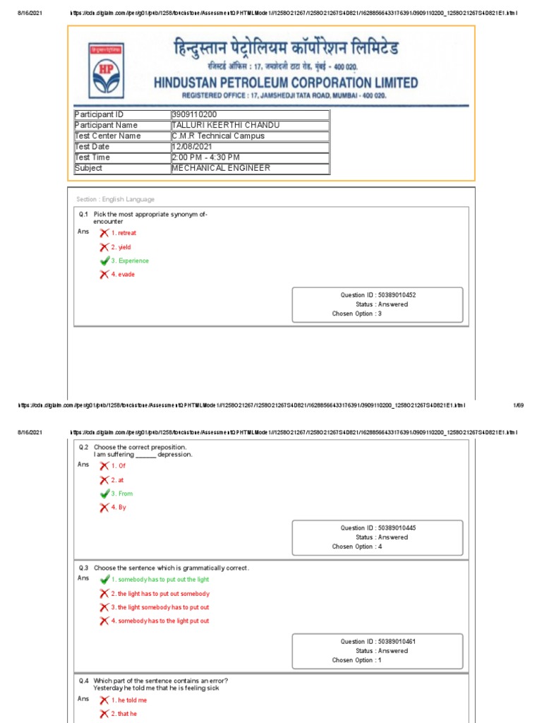 HPCL Answer Sheet | PDF | Question | Linguistics