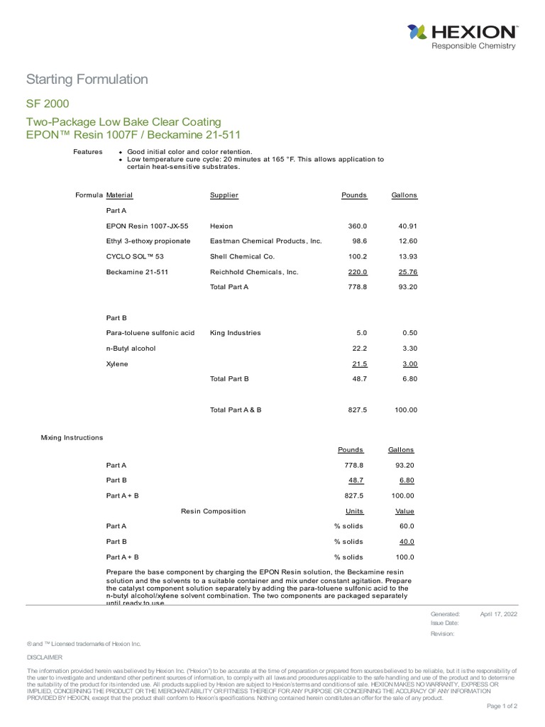 Starting Formulation: SF 2000 Two-Package Low Bake Clear Coating EPON ...