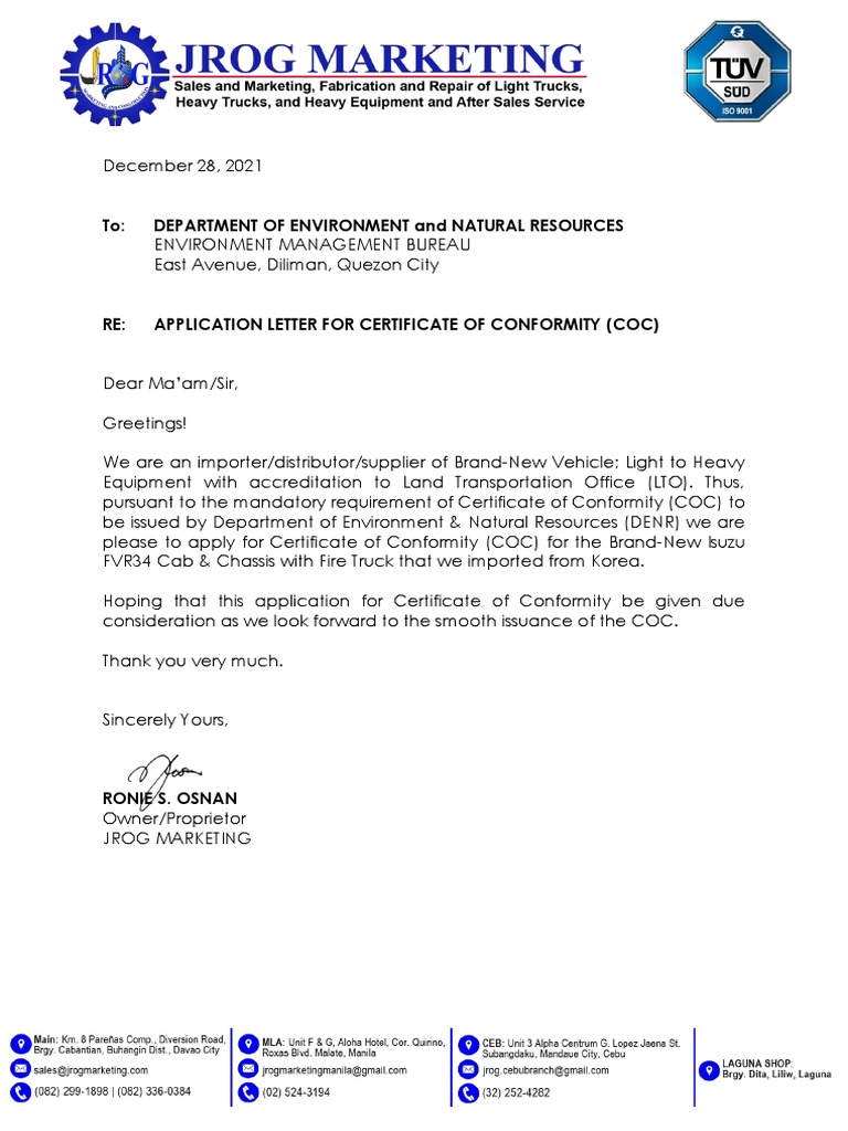 Application Letter For COC (Isuzu FVR-Fire Truck) | PDF