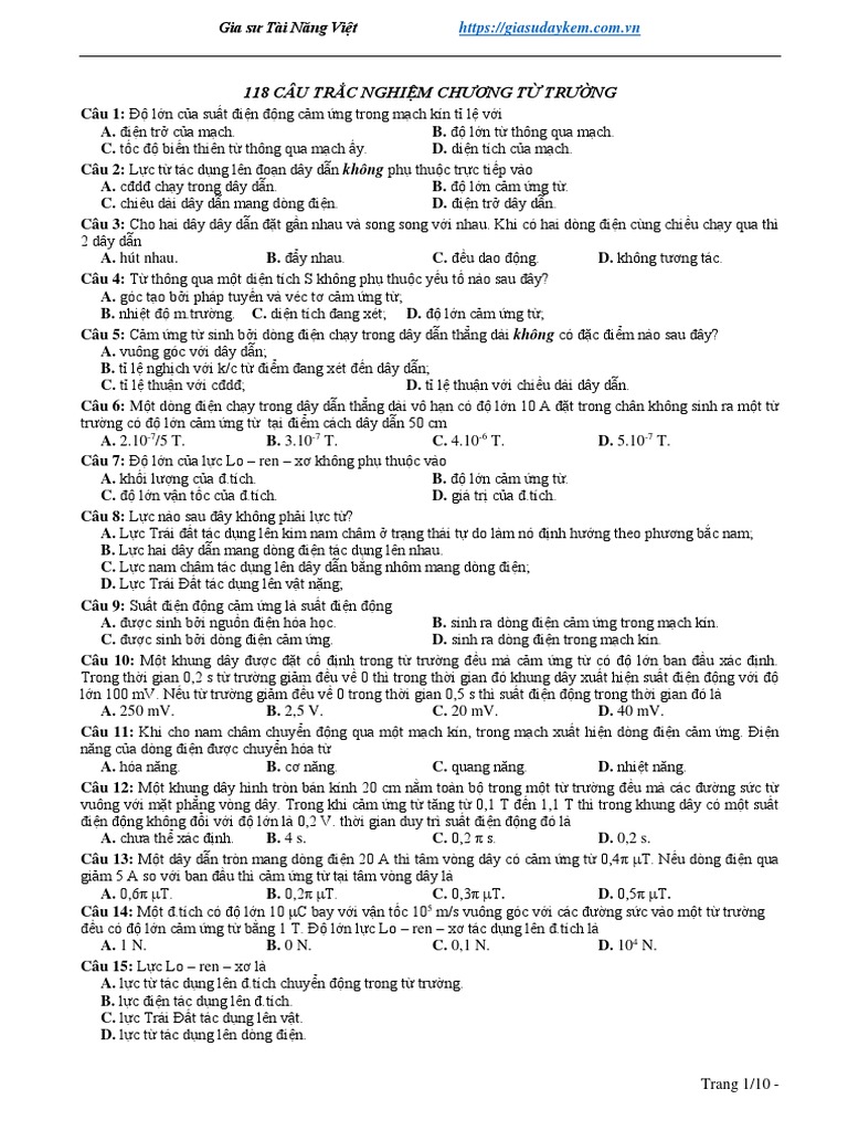 118 Bai Tap Chuong Tu Truong Vat Ly Lop 11 118 Cau Trac Nghiem Ly 11 Chuong Tu Truong | PDF